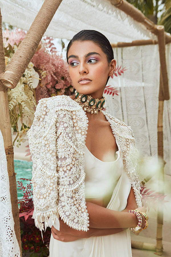 IVORY PEARL DROP EMBROIDERED SAREE – Ridhima Bhasin