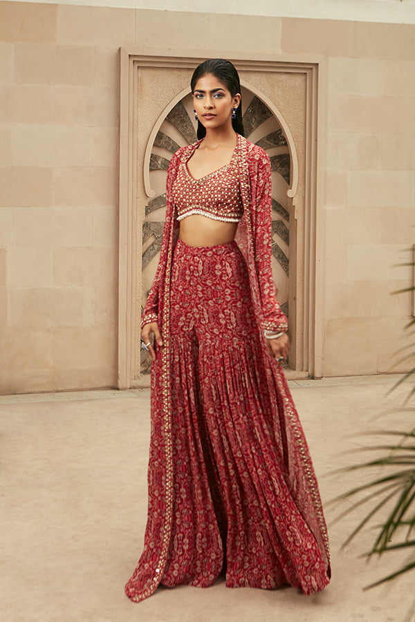 RED PRINTED CLASSIC JACKET SET – Ridhima Bhasin