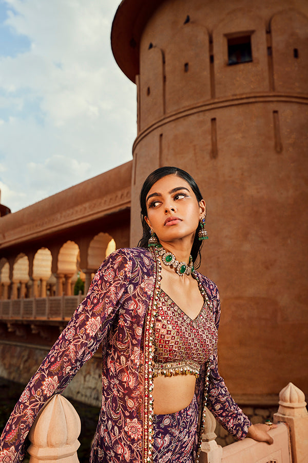 RETRO LOVE PURPLE EMBELLISHED PRINTED JACKET & SHARARA SET – Ridhima Bhasin